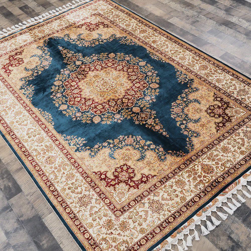5.6x8.3ft Blue handknotted turkish silk rug medallion floor carpet ...