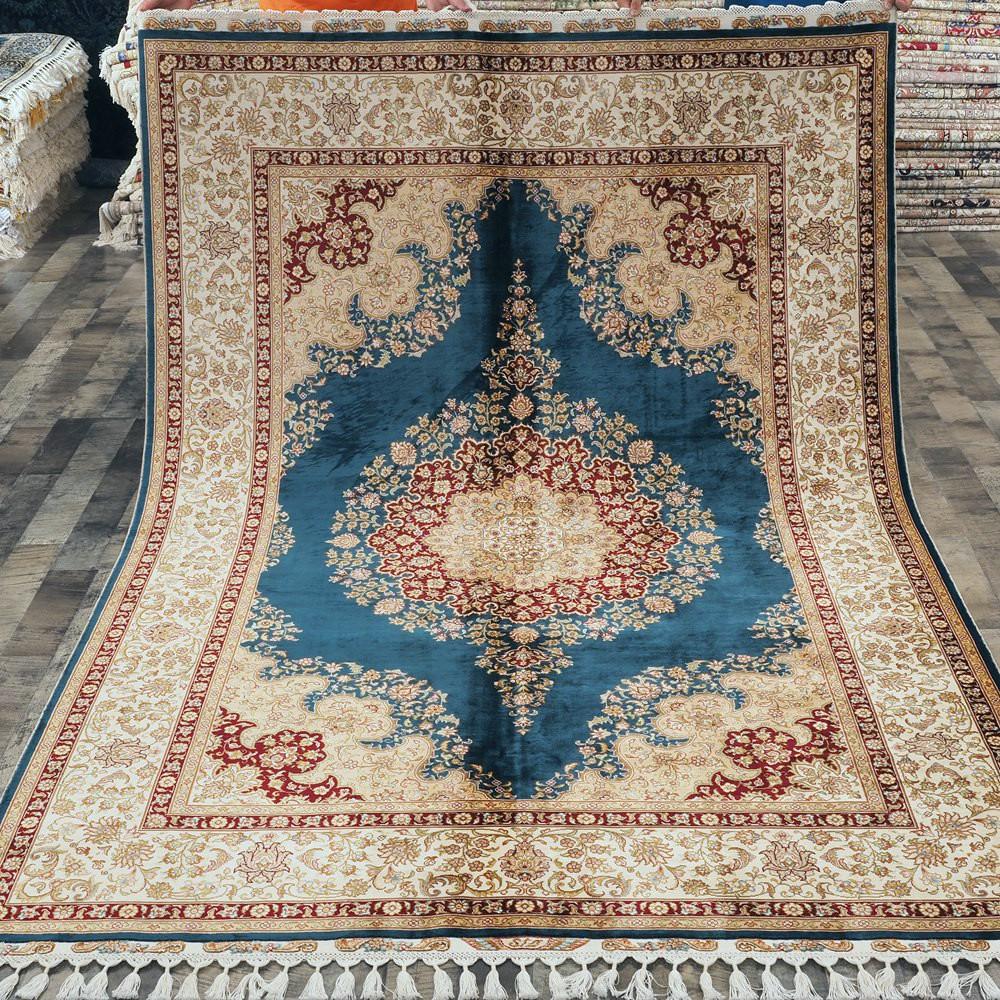 5.6x8.3ft Blue handknotted turkish silk rug medallion floor carpet ...