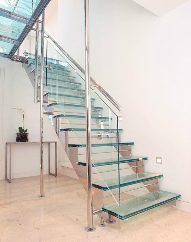 Stainless steel double straight stringer glass staircase - LC-3001-9 ...