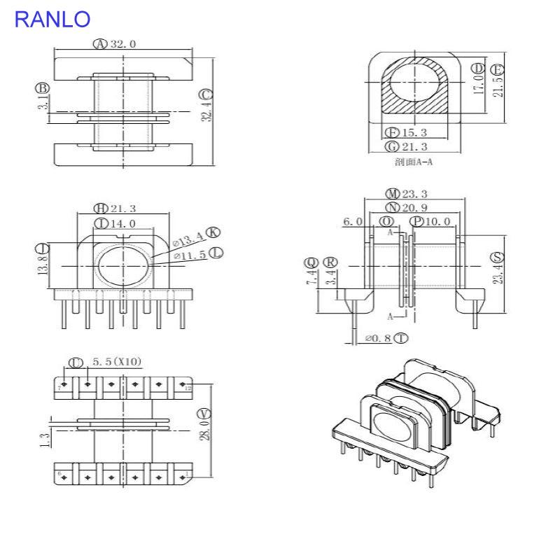 ETD34 horizontal LLCR transformer Bobbin 6+6pin high quality TDG Soft magnetic - RANLO (China ...