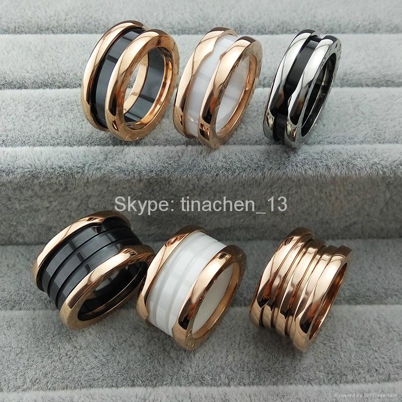 Wide Ceramic Rings Triple White Ceramic Rose Gold Plated Stainless ...