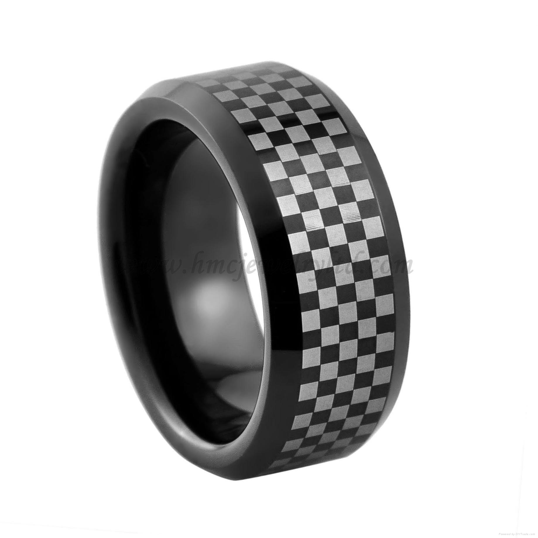 Fashion Polished Black & White Checkered Pattern Black Tungsten Carbide ...