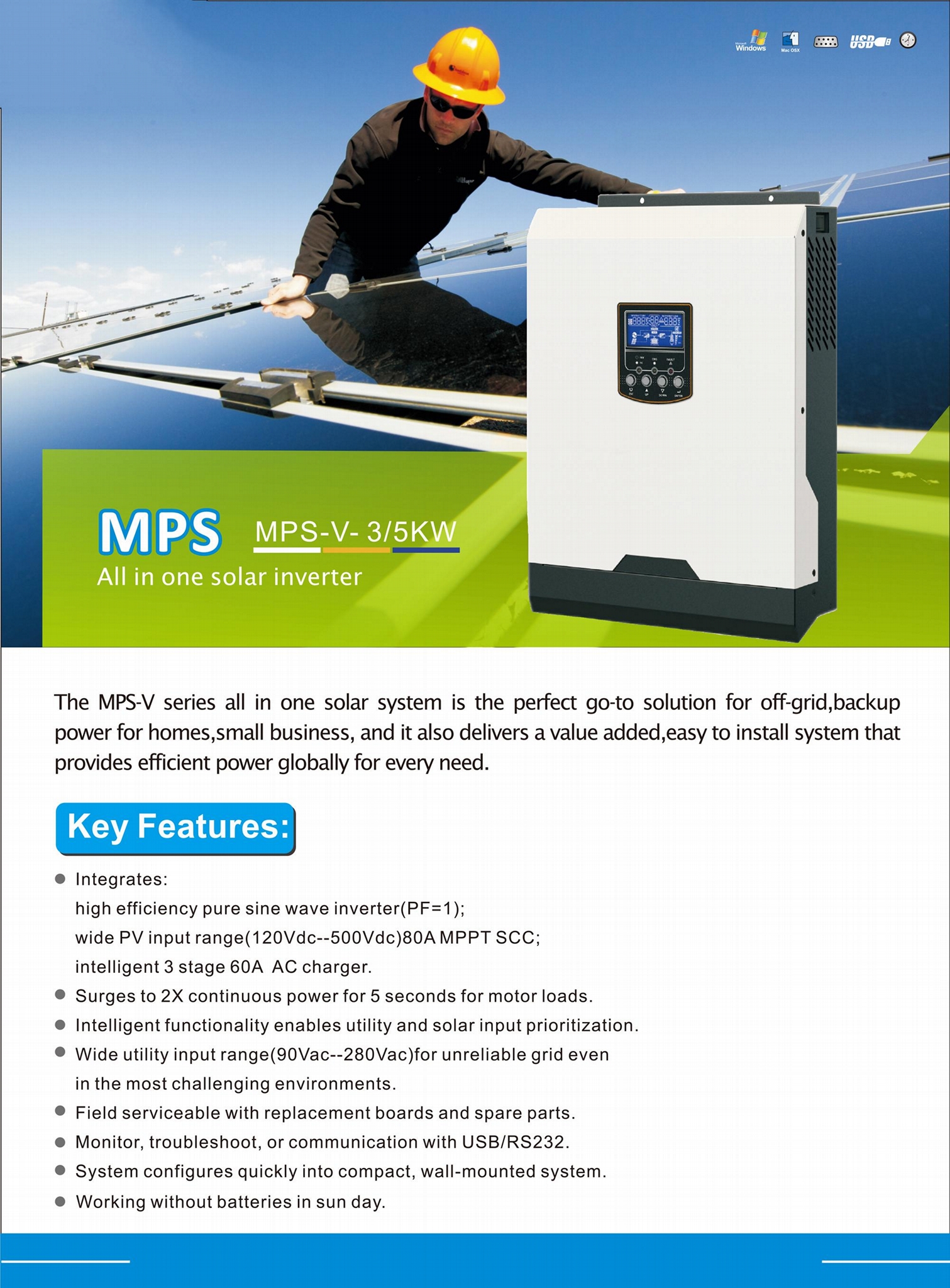 power factor 1.0 3kw 5kw off grid solar inverter with 80a mppt - VM ...