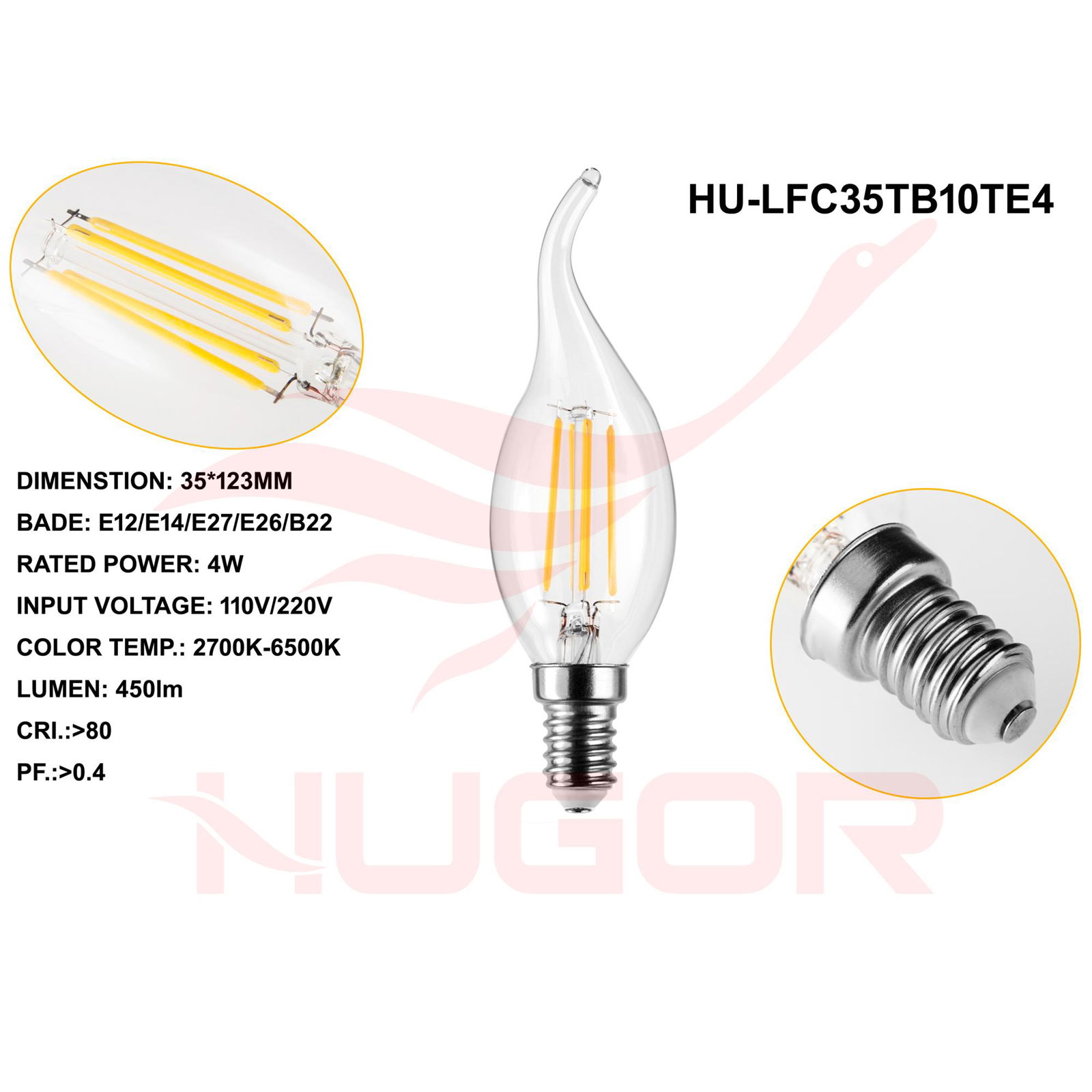LED FILAMENT BULB C35/B10 2W - HU-LFC35B10E2 - HUGOR or Customized ...