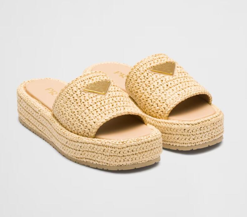 Beige Raffia Platform Slide Crochet Triangle LogoFlatform Slides ...