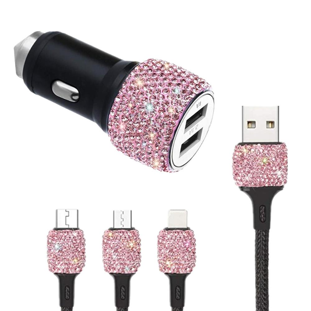5V/2.4A Cute Bling Car Charger with 3 in 1 Nylon Braided Charging Cable ...