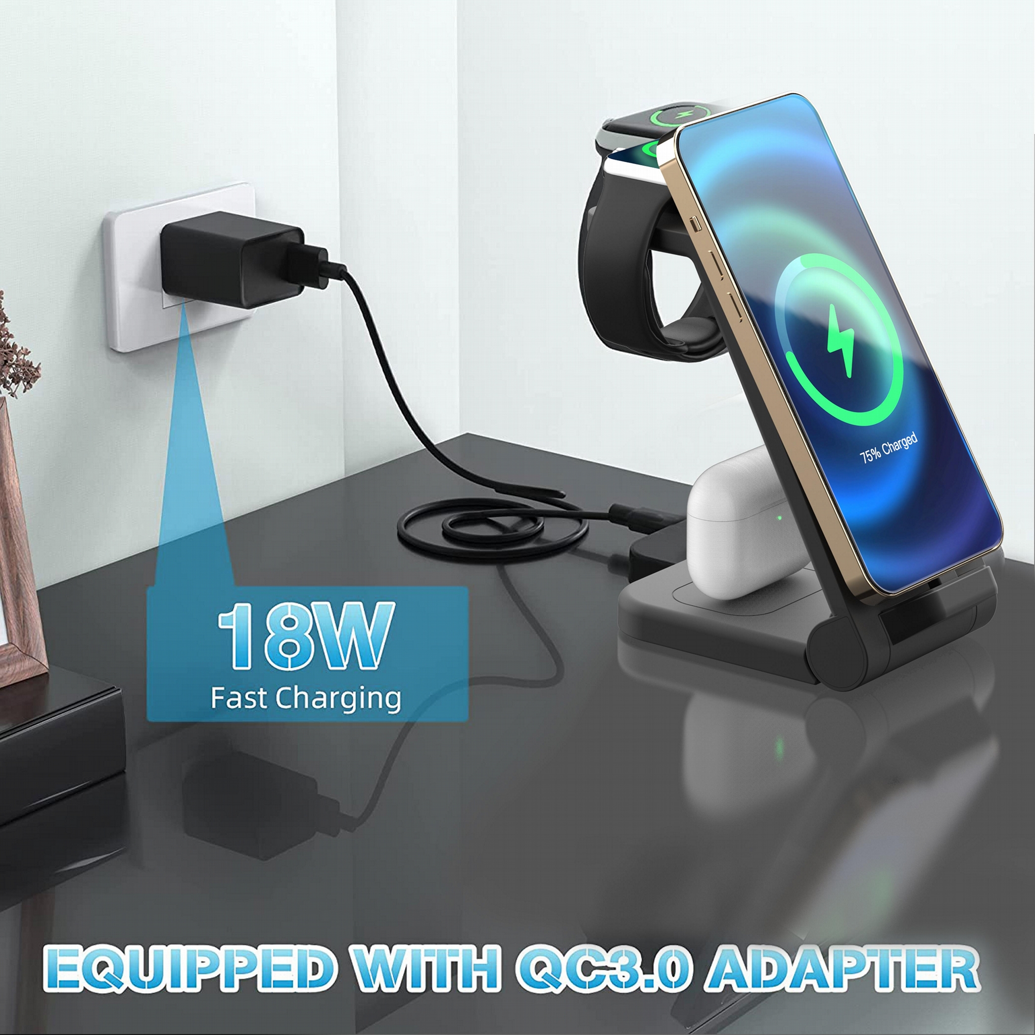 Mobile Phone Charger Station Desktop 3 in One Magnetic Quick 18W OEM Qi ...