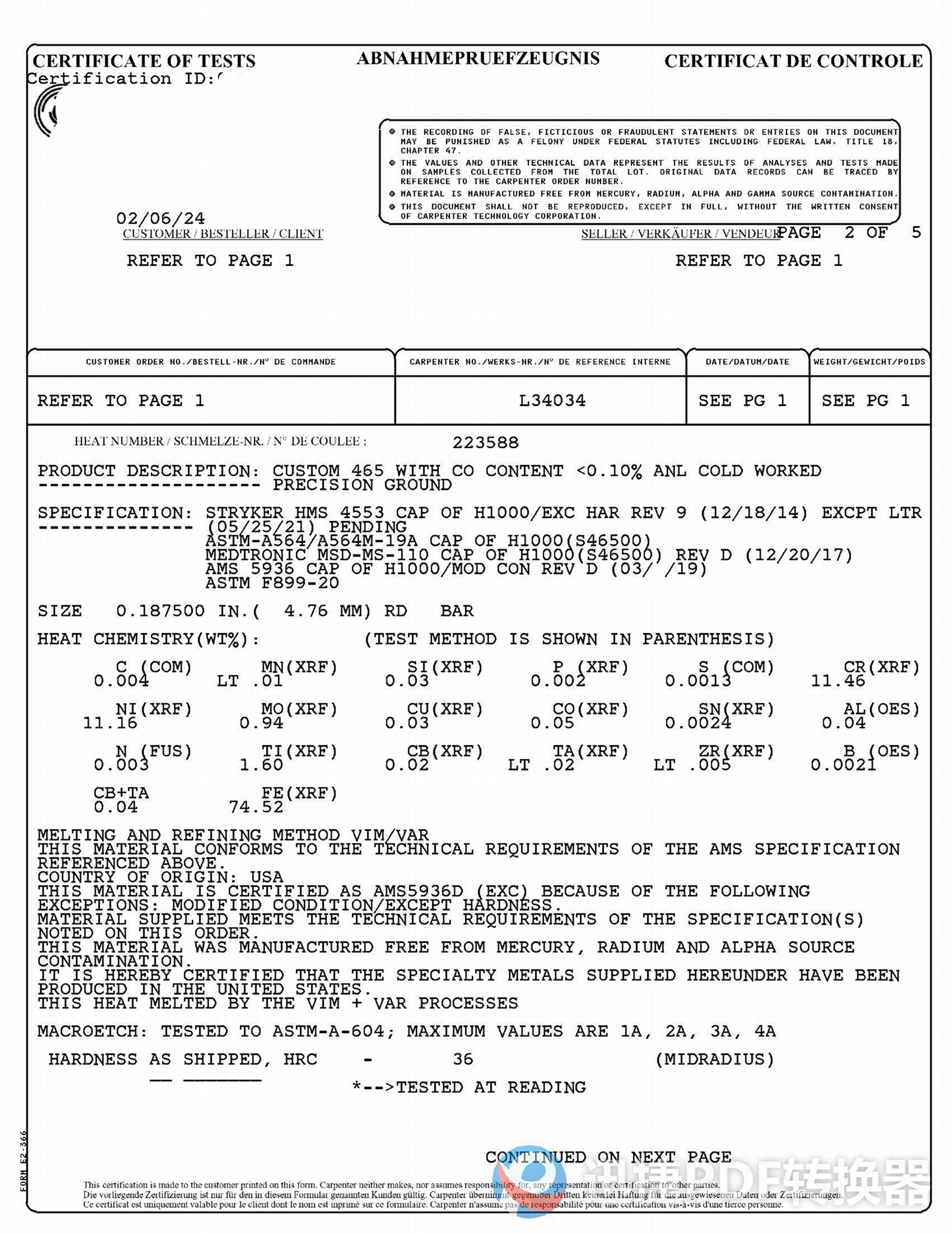 CarTech Custom 465 stainless Φ4.76mm, medical standard - China
