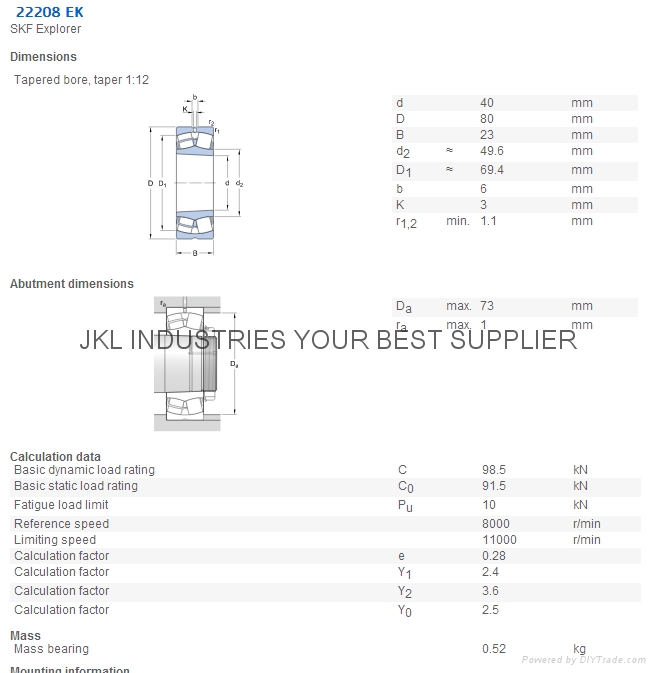 SKF 22208 CA/W33 spherical roller bearing - ETR ,JKL, SKF, FAG, INA ...