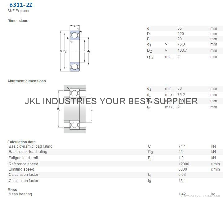 SKF 6311-ZZ/C3 Deep Groove Ball Bearings - 6311-ZZ/C3 - ETR ,JKL, SKF ...