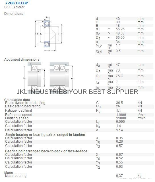 SKF 7208 BECBP Angular Contact Ball Bearings - ETR ,JKL, SKF, FAG, INA ...